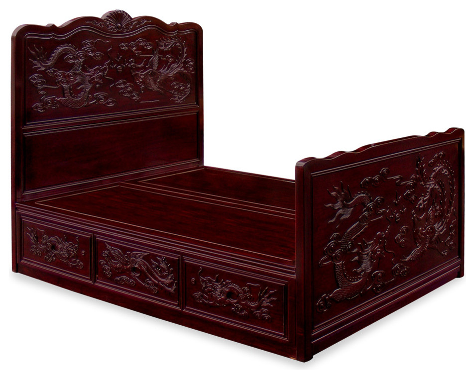 Rosewood Imperial Dragon and Phoenix Motif Platform Bed, Queen - Asian ...