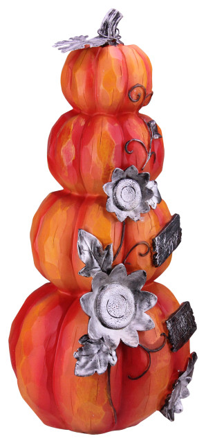 19" Orange and Silver Pumpkin “Happy Harvest" Thanksgiving Statue ...