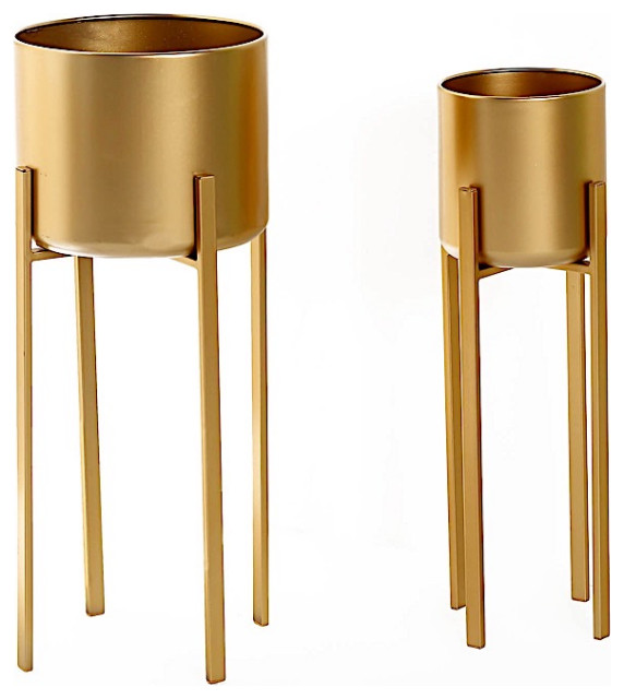 2 Gold Metal Planters with Stand Indoor Flower Pots Holders, 28 ...