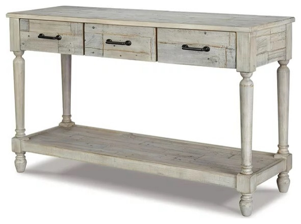 Whitewash Farmhouse Console Table, Carved Legs, Open Shelf & 3 Drawers ...
