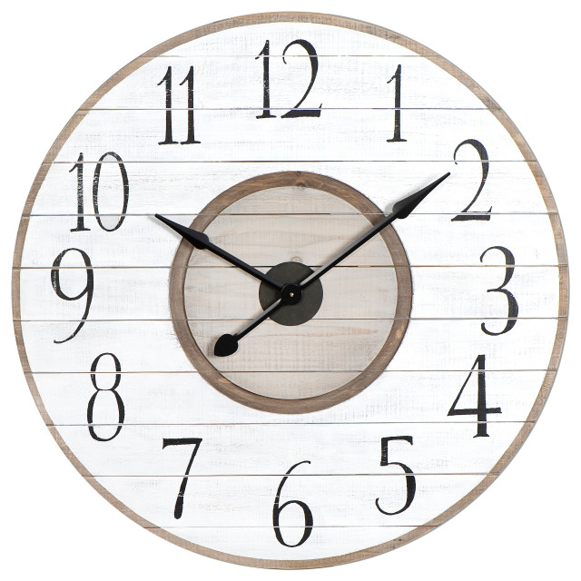 36 Inch Round White and Brown Distressed Wood Slat Clock - Farmhouse ...