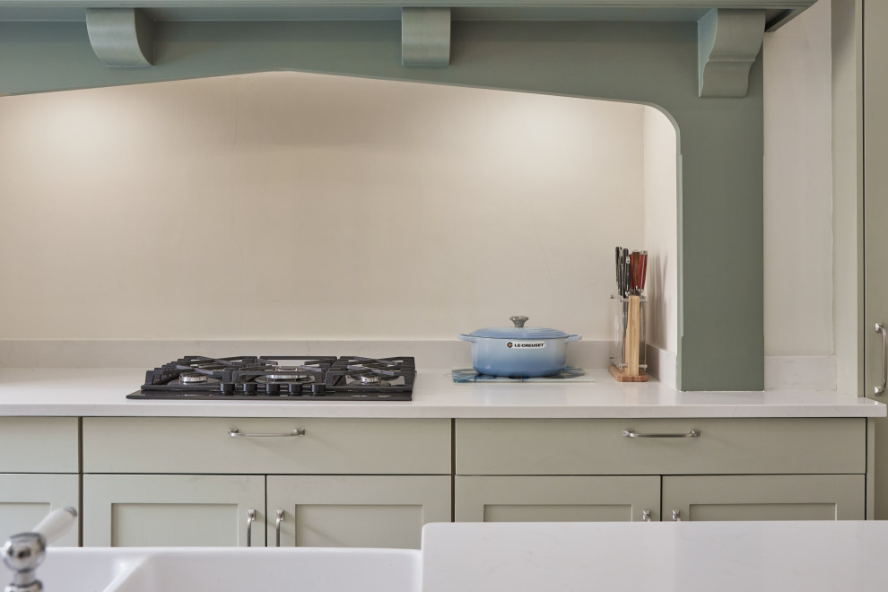 Capri White Gemini Quartz worktops with sage green cabinetry - Rustic ...