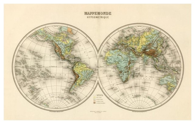 "Mappe Monde, Hypsometrique, 1892" Digital Paper Print by J. Migeon, 24 ...