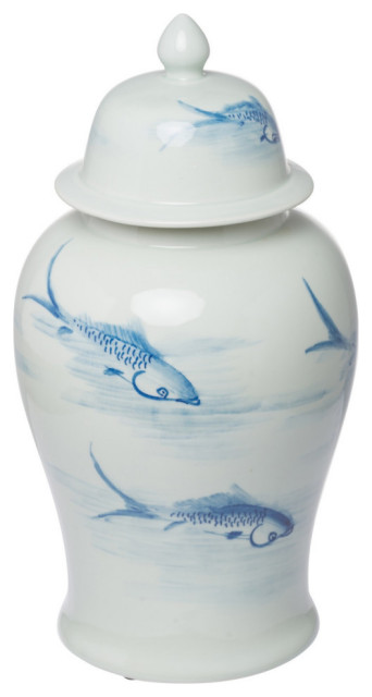 19 Inch Ginger Jar, Lidded, Painted Blue Koi Fish Over White Porcelain ...