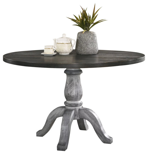 Transitional Dining Table, Pedestal Base With Round Top, Weathered ...