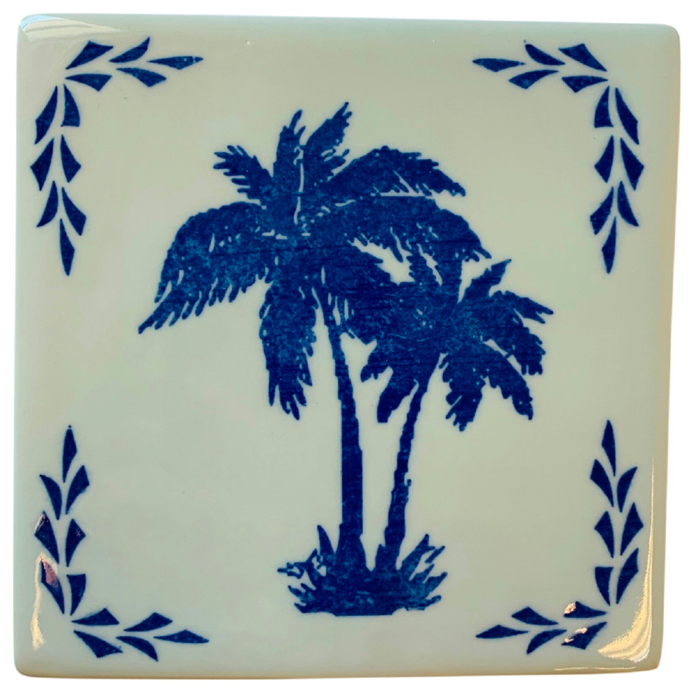 Palm Trees Kitchen Trivet 6 Inches Tile Porcelain Blue and White ...