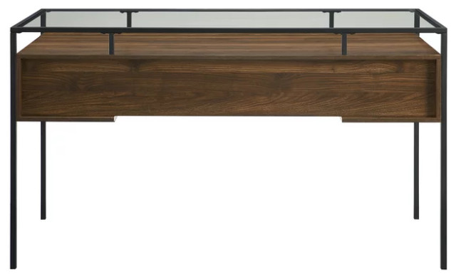 Modern Desk, Metal Frame With Lifted Tempered Glass Top & 2 Drawers ...