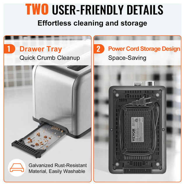 VEVOR 2 Slice Stainless Steel Toaster Reheat Cancel Defrost 6 Browning ...