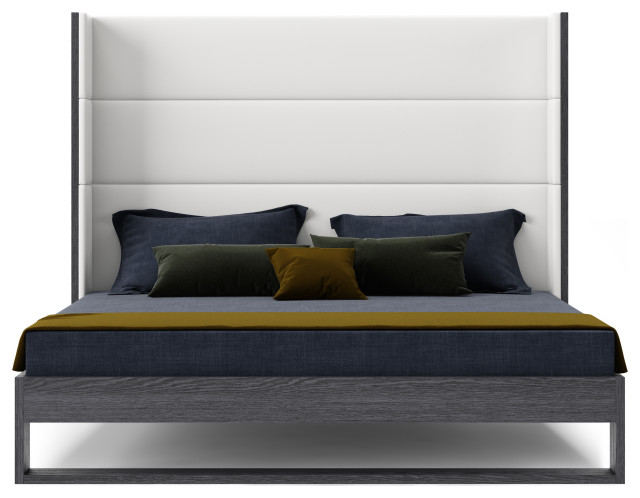 Modrest Heloise Contemporary White Leather and Gray Elm Trim Bed ...