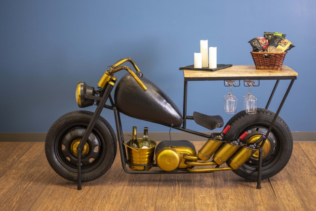 HomeRoots 16.5" X 70" X 33" Black and Gold Chopper Style Motorcycle Bar ...