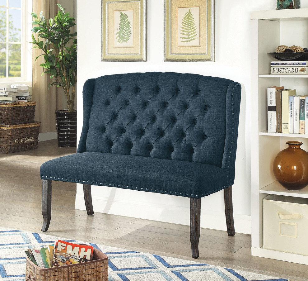 Benzara Bm177891 Tufted High Back 2 Seater Love Seat Bench Nailhead