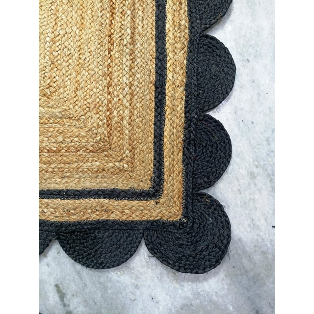 Handmade Braided Jute Area Rug with Black Scalloped Design, 7' X 10 ...