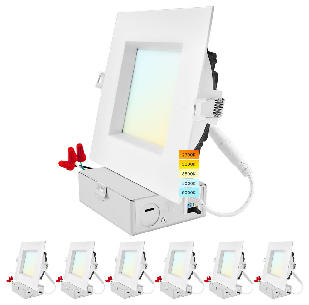 Luxrite 6" Square LED Recessed Light J-Box 18W 5CCT 1800LM 6 Pack ...