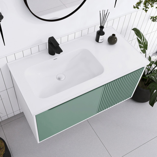 40inch Single Sink Wall Mounted Bath Vanity, Mint Green, White Ceramic ...
