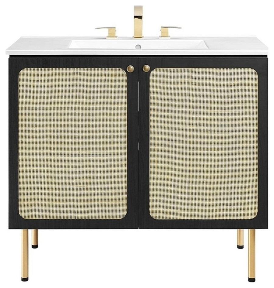 Modway Chaucer 36" Wood & Rattan Bathroom Vanity in Black/White ...