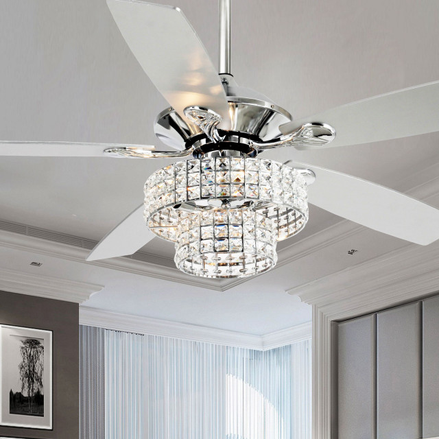 52 Modern Crystal Ceiling Fan With 4-Lights/5 Blades, Remote Control ...