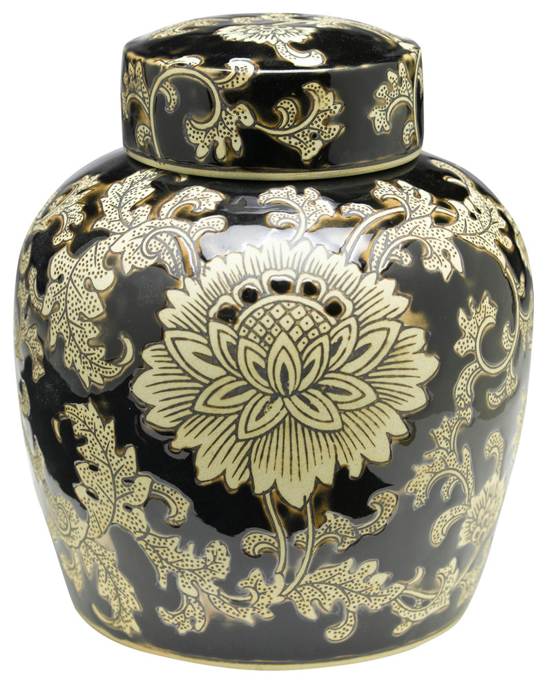 9" Black & Cream Ginger Jar - Asian - Decorative Jars And Urns - by ...