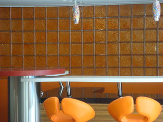 Rec room with orange glass blocks - Modern - Columbus - by Innovate ...