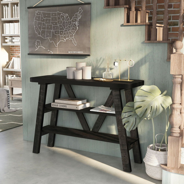 Farmhouse Console Table, Angled Legs With 2 Open Shelves - Rustic ...