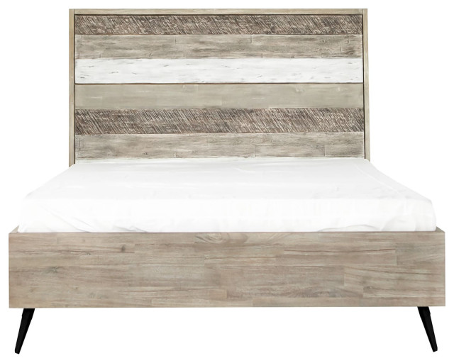 Benzara BM282043 Wood Queen Platform Bed, Metal Angled Legs, Slatted ...