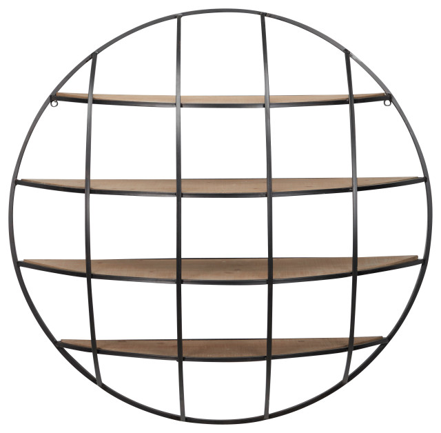 Industrial Metal & Wood Wall Shelf w/ Metal Grid Semi-Sphere Profile ...