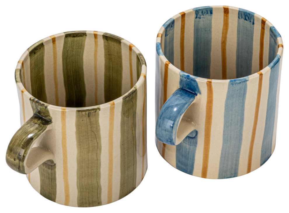 5 Inches Round Stoneware Mug With Stripes Designs, Multicolor, Set of 4 ...