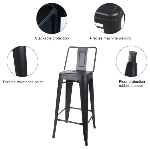 Black 30" High Back Metal Bar Stools Set of 8 - Industrial - Bar Stools ...