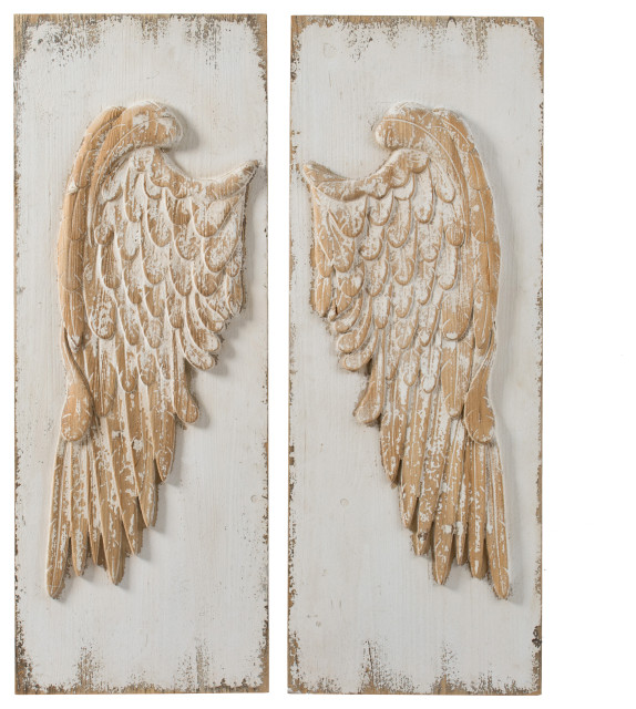 Gewnee Set of 2 Feather Wing Wall Panels With Distressed White Finish ...