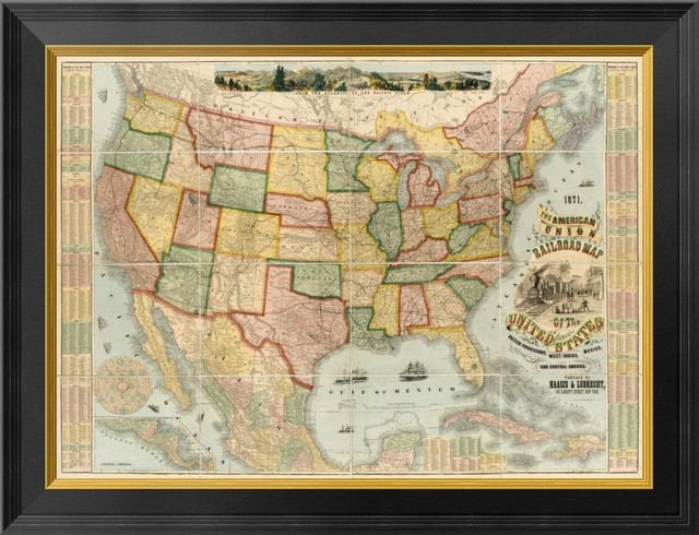 American Union Railroad Map Of The United States, 1871, 20"x1.5"x16 ...