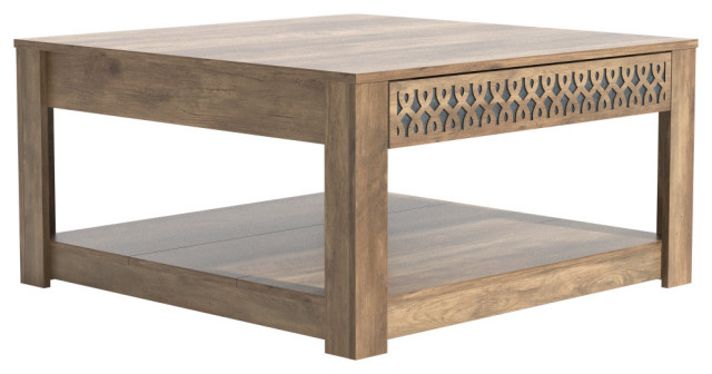 Japtur 31.5 in. Wood Top Square Laser Cut Coffee Table - Rustic ...