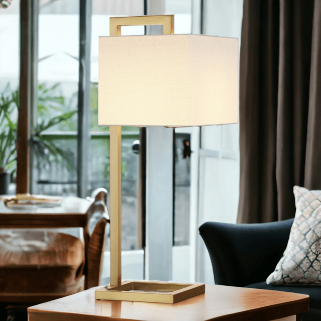 26" Gold Metal Arched Table Lamp With White Square Shade - Transitional ...