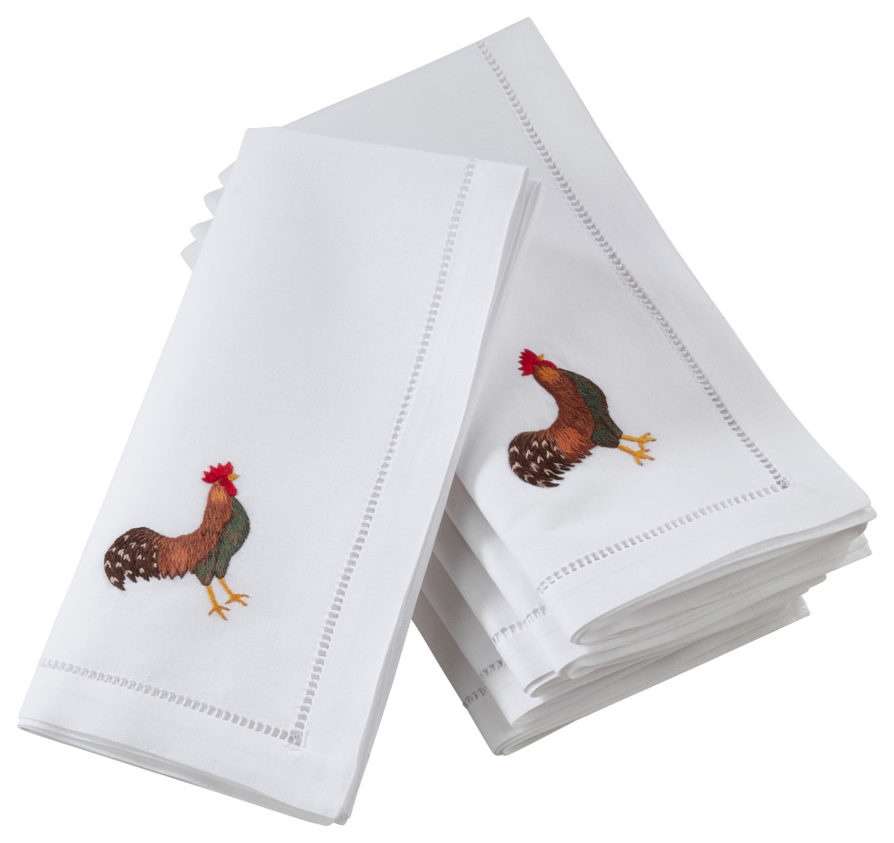 Cotton Table Napkins With Embroidered Rooster Design, Set of 6, 20" x ...