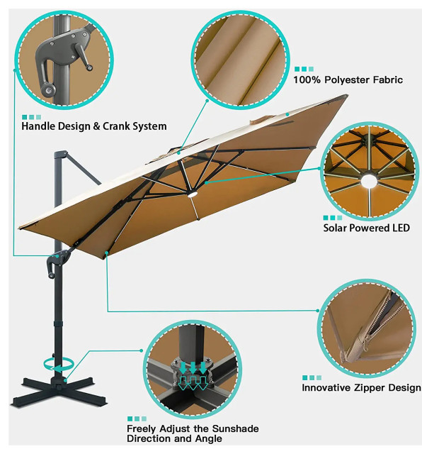 Modern Patio Umbrella, Solar Powered LED & Rotating Canopy, 10ft X 10ft ...