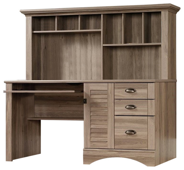 Pemberly Row Engineered Wood Computer Desk with Hutch in Salt Oak ...