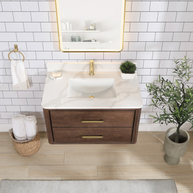 Cristo Floating Bath Vanity With Stone Top, 36in. - Transitional ...