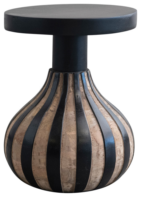 Round Mango Wood Side Table With Striped Base, Black and Natural ...