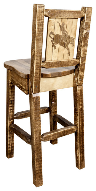 Homestead Bar Stool With Back, With Laser Engraved Bronc, Clear Lacquer ...