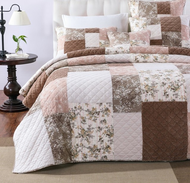 Bohemian Patchwork Dusty Rose Pink & Chocolate Brown Floral Bedspread ...