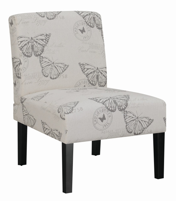 Wooden Accent Chair W Butterfly Print Fabric Upholstered Seating, Off ...