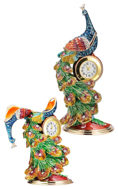 Hand Painted Matashi Peacock Trinket Box and Table Clock - Contemporary ...