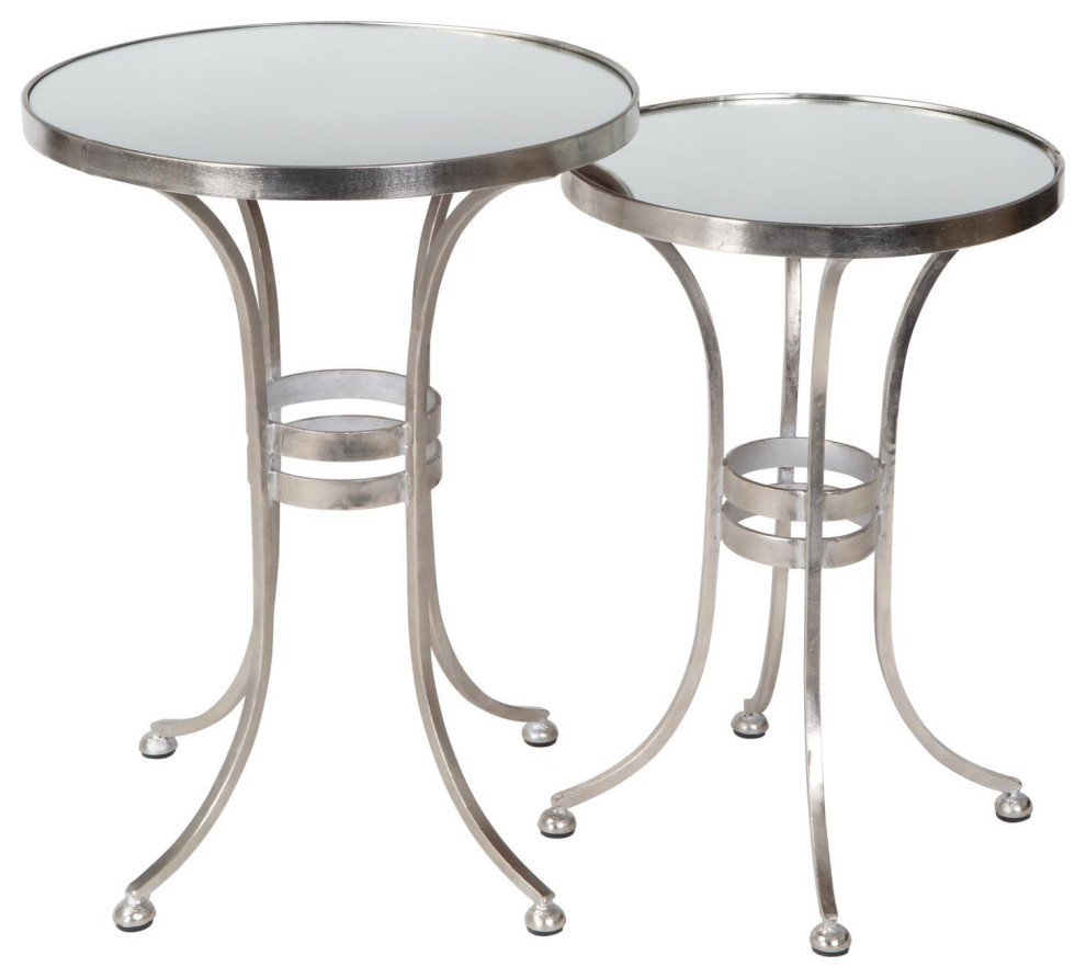 Set of 2 Glam Side Table, Silver Metallic Frame With Ring Accents ...