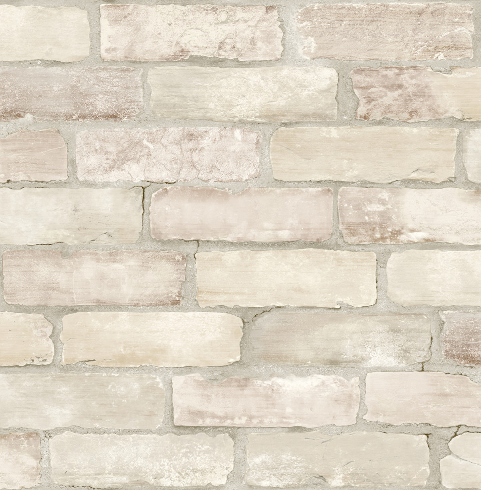 Limewashed Weathered Brick Bone Brick Wallpaper - Farmhouse - Wallpaper ...