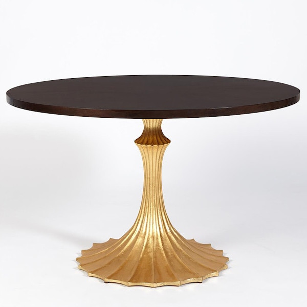Flute Dining Table, 48" Round Walnut Wood Top with Gold Leaf Base ...