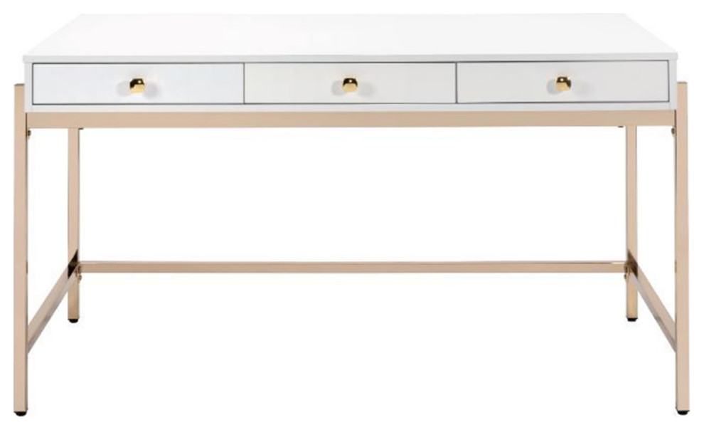 3 Drawers Writing Desk, White High Gloss and Gold Finish - Contemporary ...
