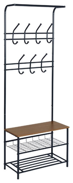 FurnitureR 3-In-1 Metal Entryway Hall Tree with 7 Hooks in Brown/Black ...