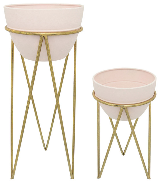 2-Piece Set Metal Planter, Pink/Gold - Midcentury - Indoor Pots And ...