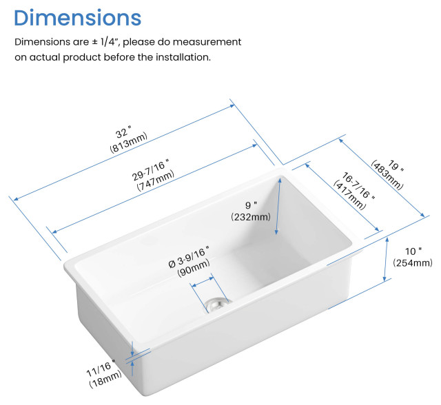 Landis 32″ Fireclay Kitchen Undermount Sink Single Bowl - Contemporary ...