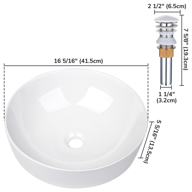 16" Round Porcelain Ceramic Bathroom Countertop Vessel Sink w/Pop up ...