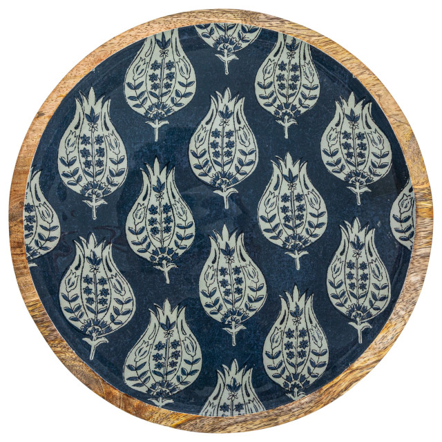 Enameled Mango Wood Trays With Floral Pattern, Blue, Set of 3 ...