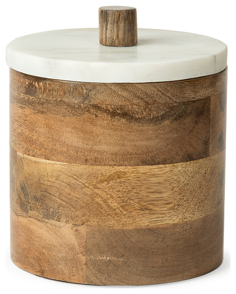 Sandook, Small, Brown Round Wooden Storage Jar - Transitional ...